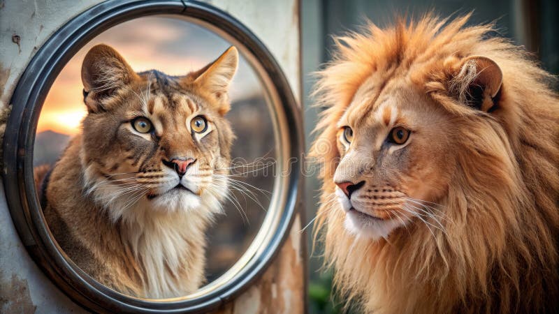 The Lion S Reflection in the Mirror, Lion, Cat, Animal, Reflection ...