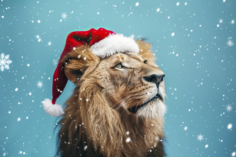 Lion in a Santa Claus Hat on a Blue Background Stock Illustration ...
