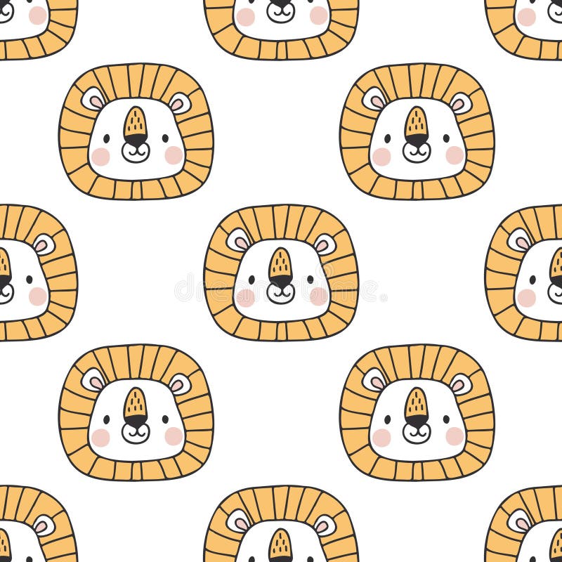 Lion Seamless Pattern. Hand Drawn Cute Background Stock Vector ...