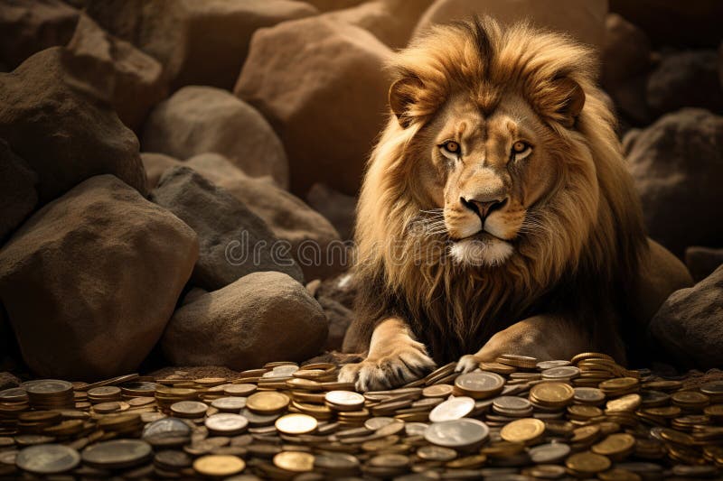 Lion several gold coins stock illustration. Illustration of currency ...