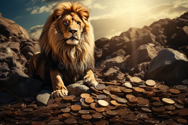 Lion several gold coins stock illustration. Illustration of coin ...