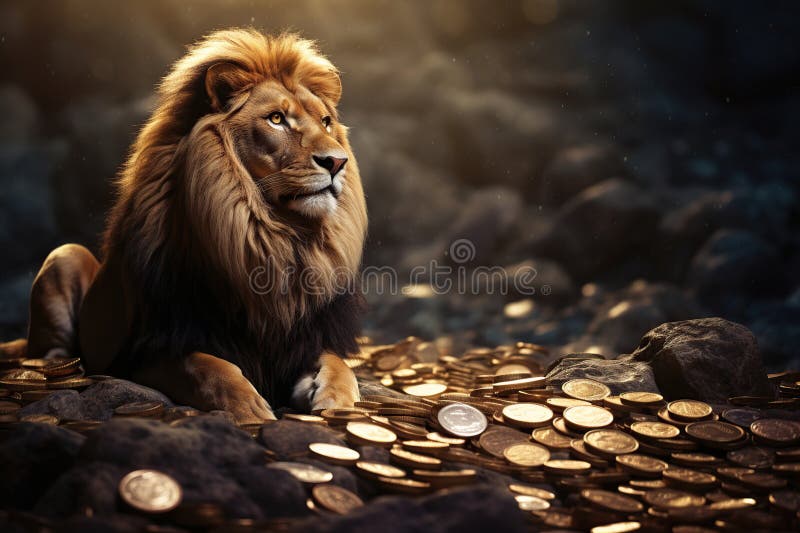 Lion several gold coins stock photo. Image of treasury - 299731920