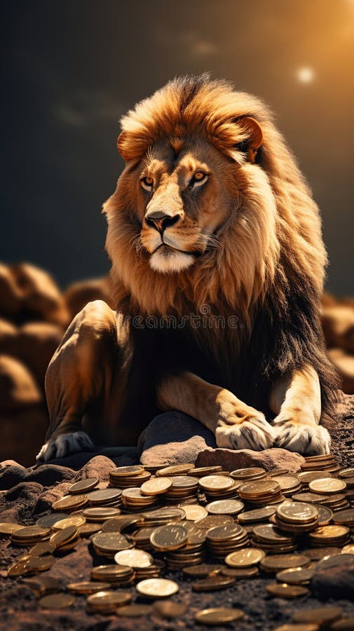 Lion several gold coins stock illustration. Illustration of concept ...