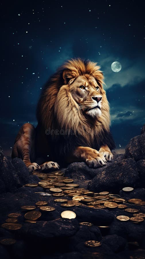 Lion Several Gold Coins on Moon Light Stock Illustration - Illustration ...