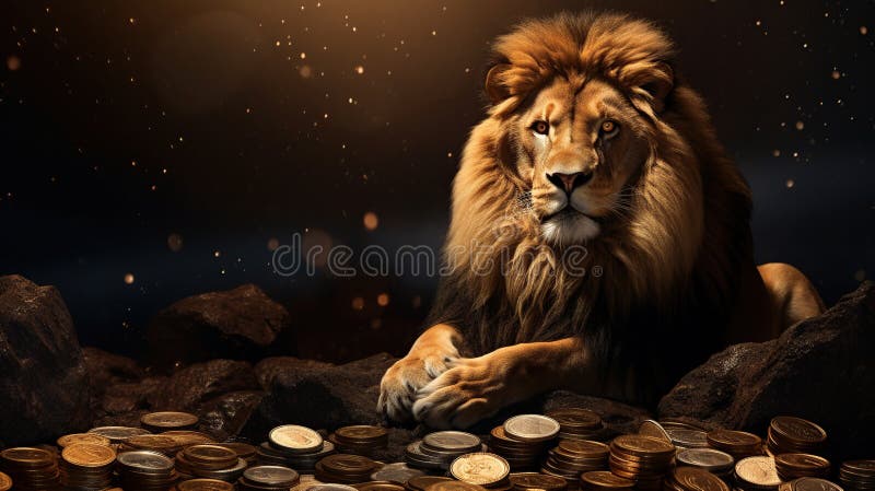 Lion Several Gold Coins on Moon Light Stock Photo - Image of bank ...