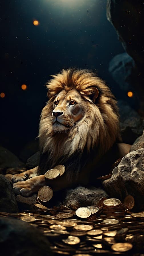 Lion Several Gold Coins on Moon Light Stock Illustration - Illustration ...
