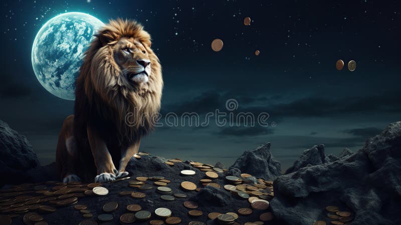 Lion Several Gold Coins on Moon Light Stock Illustration - Illustration ...