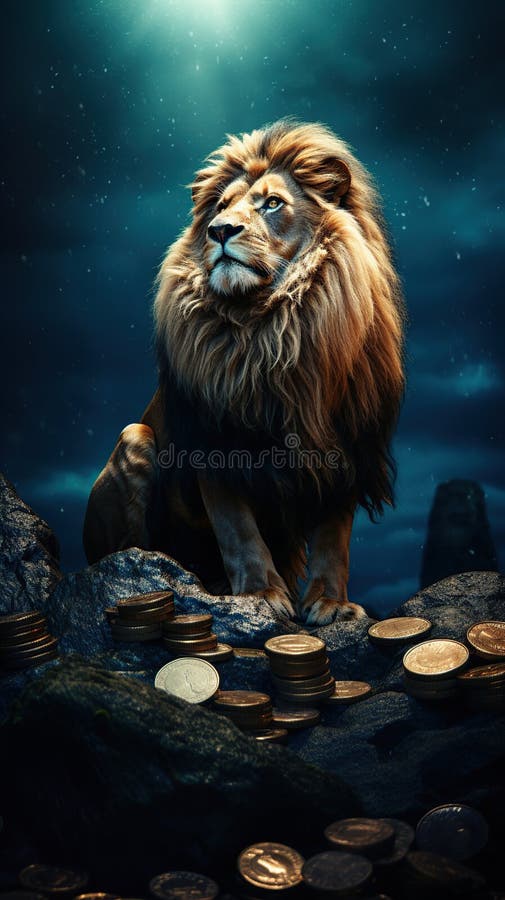 Lion Several Gold Coins on Moon Light Stock Image - Image of currency ...