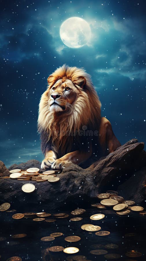 Lion Several Gold Coins on Moon Light Stock Illustration - Illustration ...