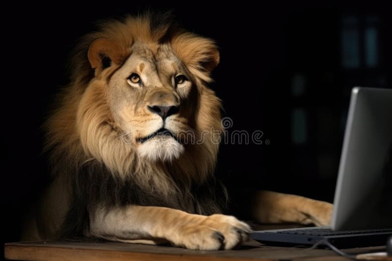The Lion Sits in Front of the Computer Generative AI Stock Illustration ...