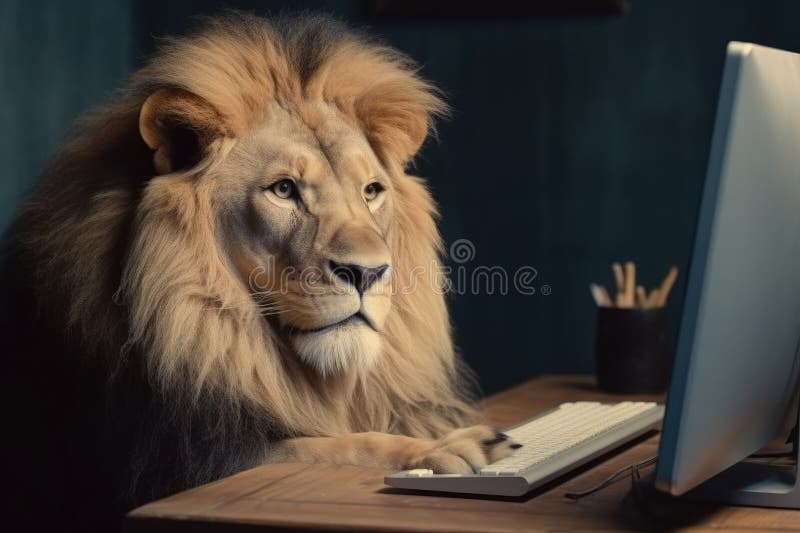 The Lion Sits in Front of the Computer Generative AI Stock Illustration ...