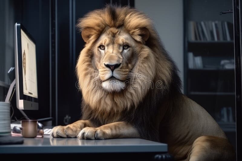 The Lion Sits in Front of the Computer Generative AI Stock Illustration ...