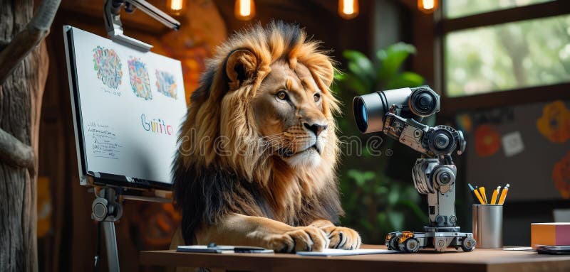 Lion Sitting at Desk with Camera Stock Illustration - Illustration of ...