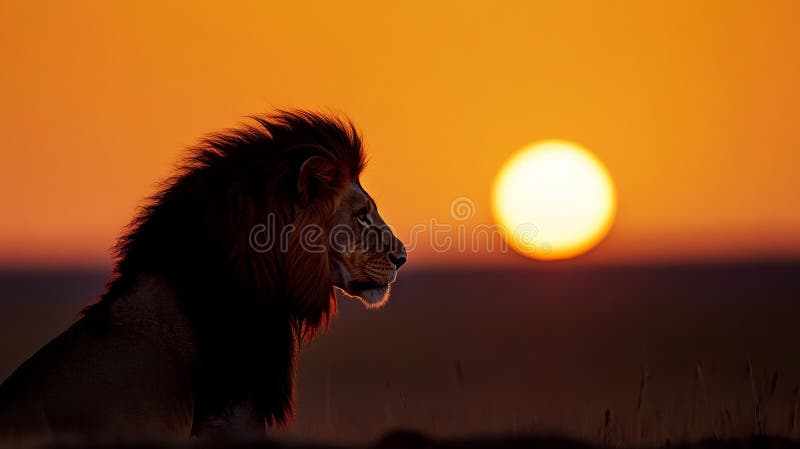 A Lion Sitting in the Grass Watching the Sun Set Stock Image - Image of ...
