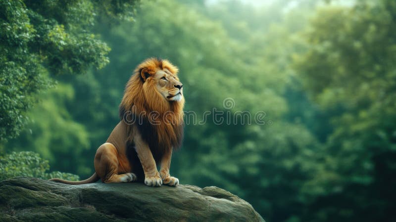 A Lion Sitting on a Rock in the Woods with Trees Behind it, AI Stock ...