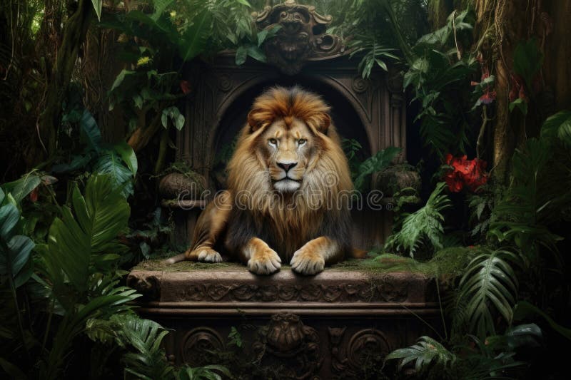 A Lion Sitting on a Stone-carved Throne in a Lush Jungle Setting Stock ...