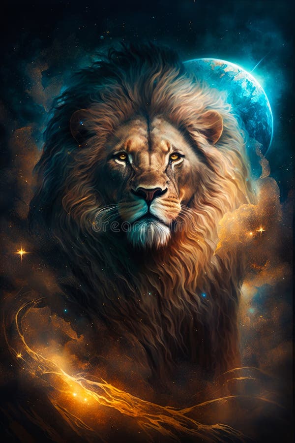 Lion in the Sky with Stars and Moon. Generative AI Stock Illustration ...