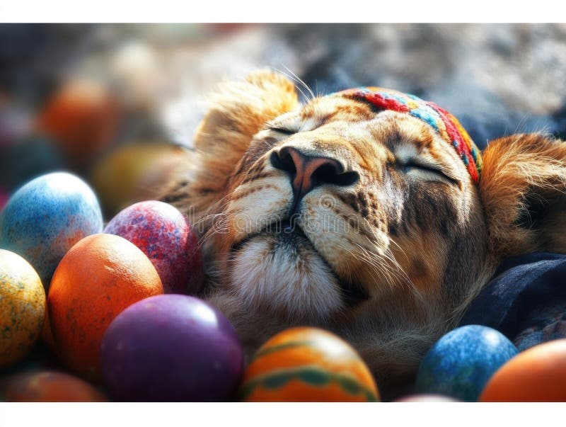A Lion is Sleeping on a Bed of Colorful Eggs Stock Illustration ...
