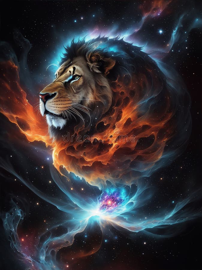 Lion in Space Nebula, Water Ink Cosmic Space Background, Cosmos Stock ...