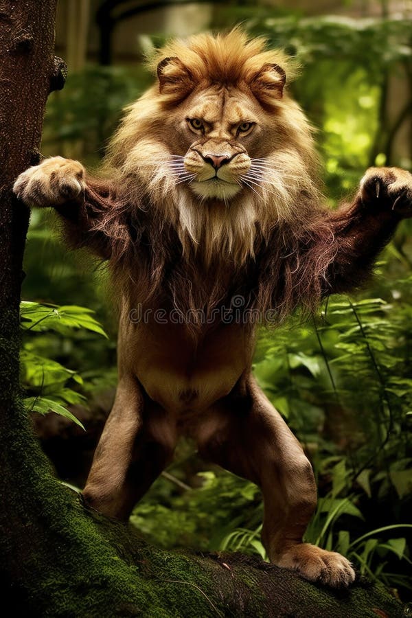 A Lion Standing on Its Hind Legs in a Forest. Generative AI Image ...