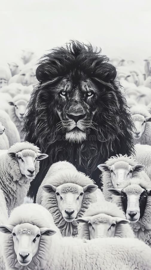 A Lion Standing in the Middle of a Herd of Sheep Stock Photo - Image of ...