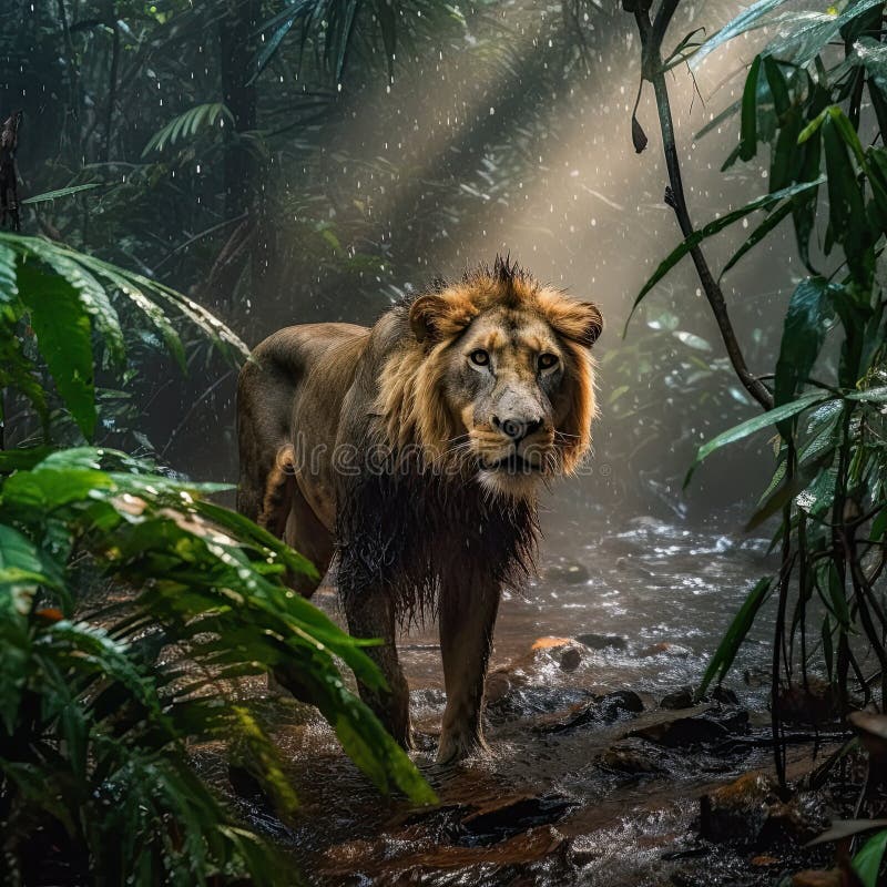 A Lion Standing in the Rain in a Jungle Stock Image - Image of safari ...
