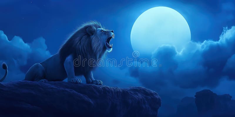Lion is Standing on a Rock in Front of a Full Moon Stock Illustration ...
