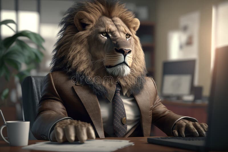 Lion in a Suit in the Office with a Computer. AI Generative Stock ...