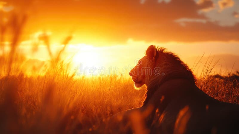 Lion in Sunset Field stock image. Image of calm, golden - 378326581