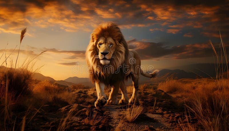 Lion in the sunset stock photo. Image of wildlife, walk - 295171034