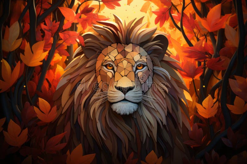 The Lion is Surrounded by Autumn Leaves Stock Illustration ...