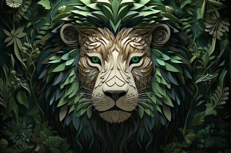 The Lion is Surrounded by Green Plants and Leaves Stock Illustration ...