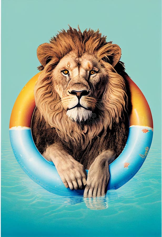 A Lion Swimming on an Inflatable Lap. AI Generated Stock Photo - Image ...