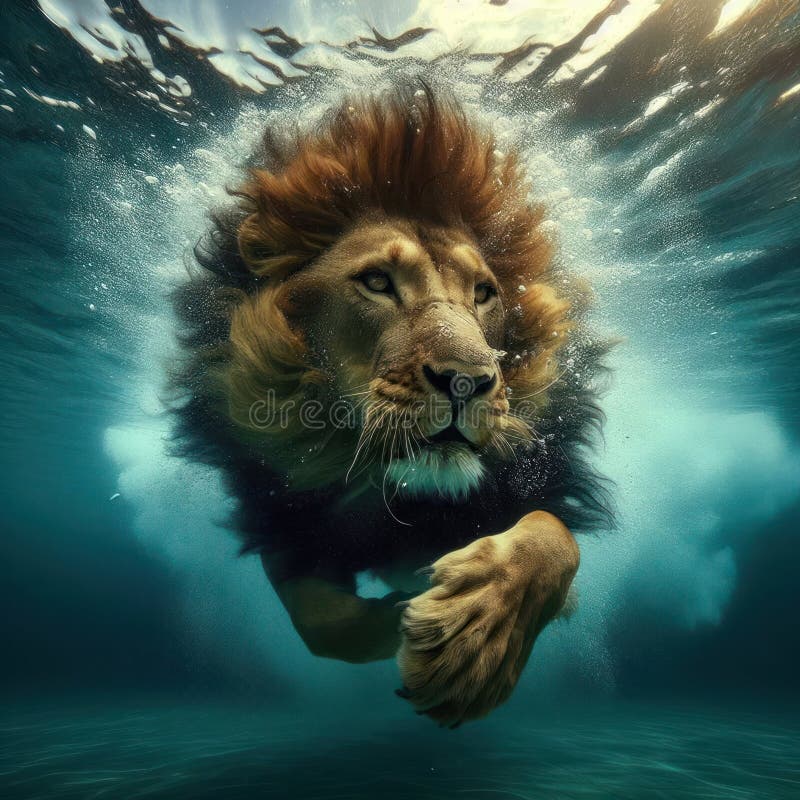 Lion swimming underwater stock illustration. Illustration of river ...