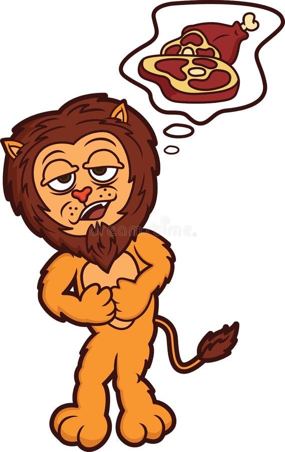 Lion Thinking about Meat Cartoon Com Fome Ilustração do Vetor ...