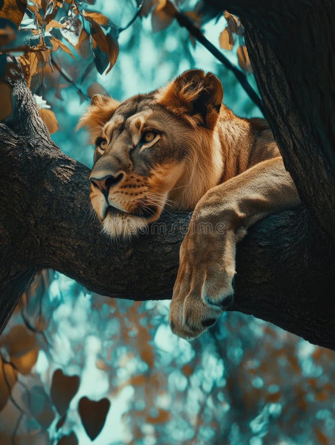 Lion on Tree Branch stock image. Image of nature, outdoor - 376690893