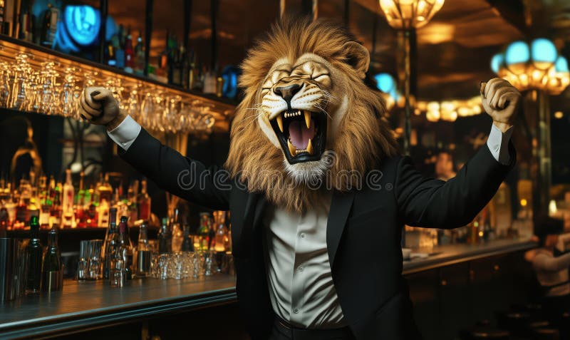 Lion in Tuxedo Celebrating at Bar, Roaring with Excitement, Surrounded ...