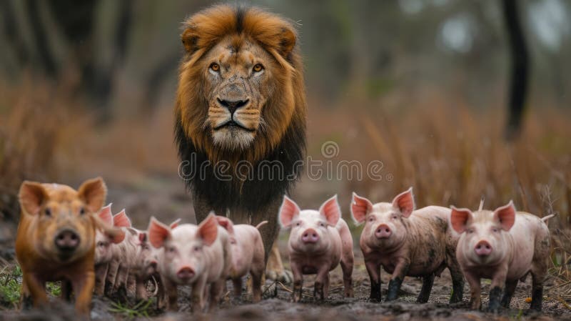 A Lion is Walking through a Herd of Baby Pigs, AI Stock Image - Image ...