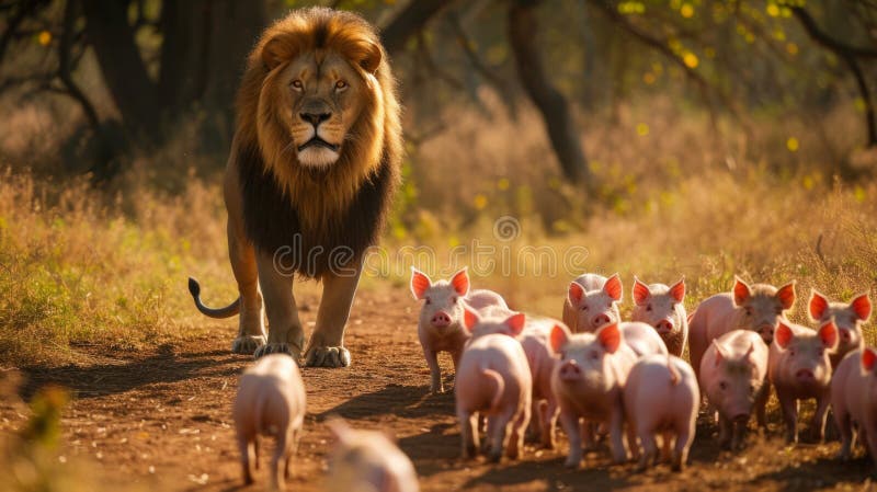 A Lion Walking through a Herd of Baby Pigs, AI Stock Image - Image of ...