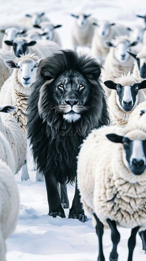 A Lion Walking through a Herd of Sheep in the Snow Stock Photo - Image ...
