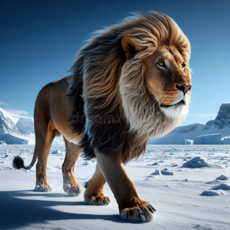 A Lion Walking through a Snowy Landscape. Stock Illustration ...