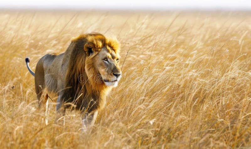 Lion Walking through Tall Grass, Savannah Landscape Stock Image - Image ...