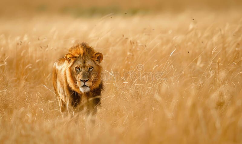 Lion Walking through Tall Grass, Savannah Landscape Stock Image - Image ...