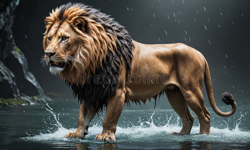 Lion is Walking through the Water Stock Illustration - Illustration of ...