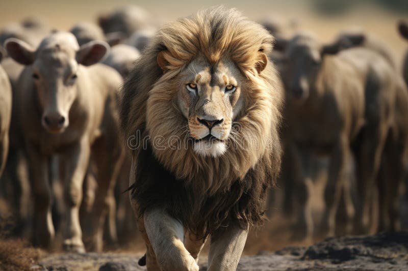 A Lion Walks Towards a Group of Cattle in a Field Stock Photo - Image ...