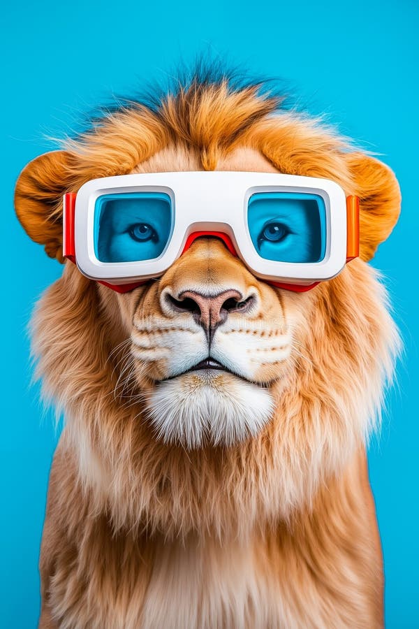 A Lion Wearing 3D Glasses on a Blue Background Stock Photo - Image of ...