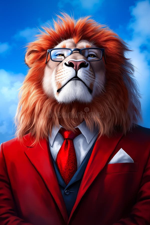 A Lion Wearing a Red Suit and Tie with Glasses Stock Image - Image of ...