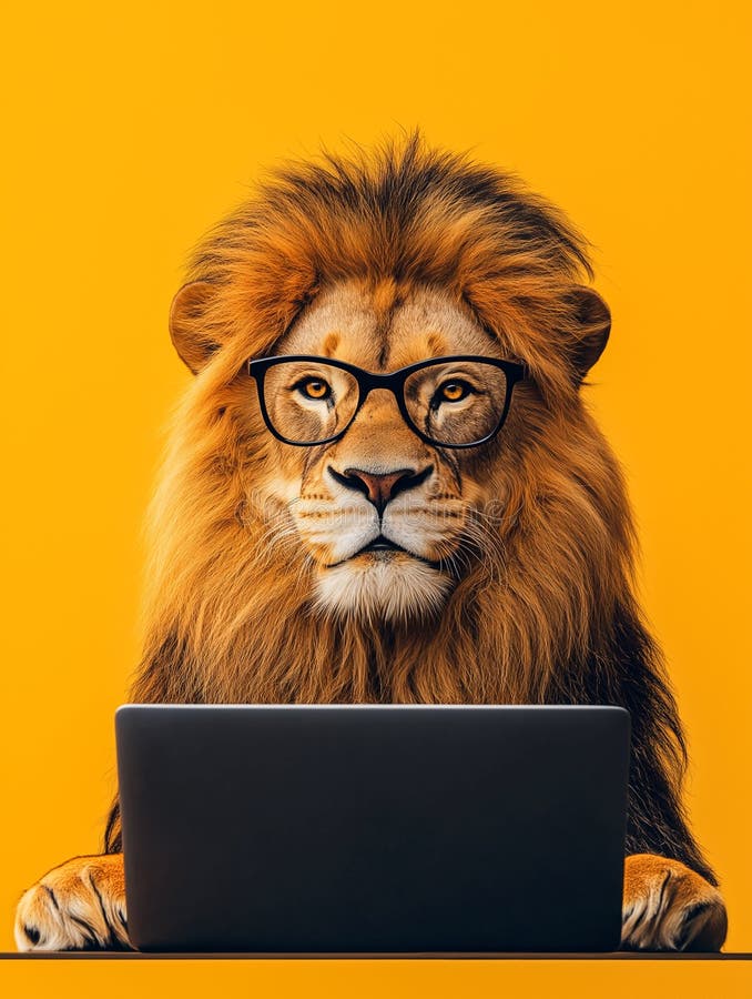 A Lion Wearing Glasses is Sitting in Front of a Laptop Computer Stock ...