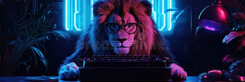 A Lion Wearing Glasses Working on a Computer with Neon Signs in the ...