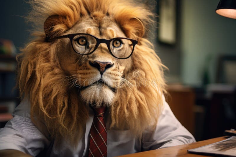 Lion Wearing Glasses, Working on a Laptop in an Office Setting Stock ...
